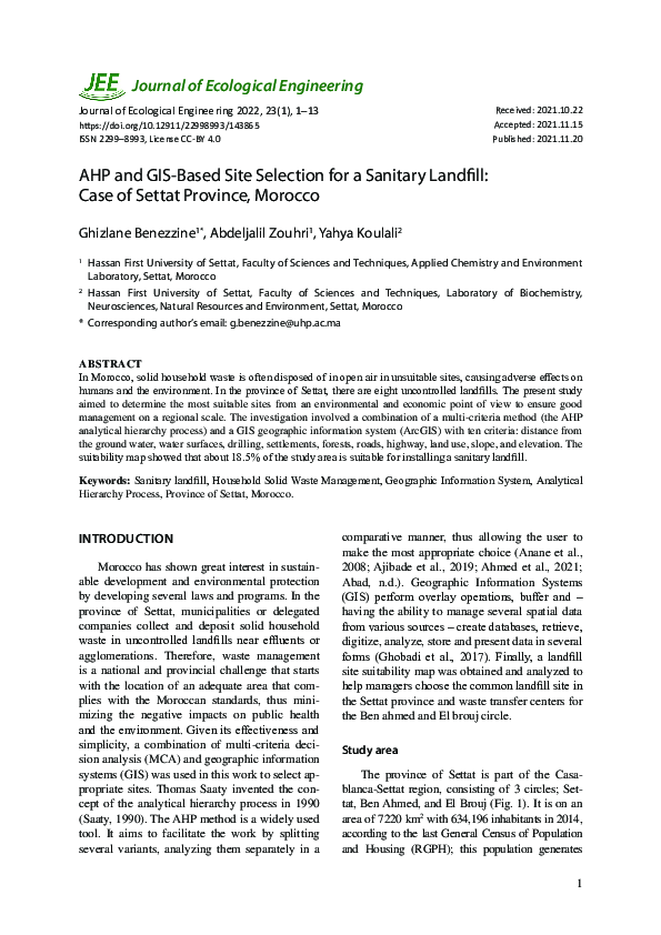 (PDF) AHP and GIS-Based Site Selection for a Sanitary Landfill: Case of Settat Province, Morocco