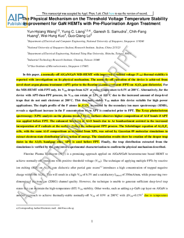 (PDF) The physical mechanism on the threshold voltage temperature stability improvement for GaN ...