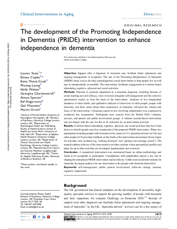 (PDF) The development of the Promoting Independence in Dementia (PRIDE ...
