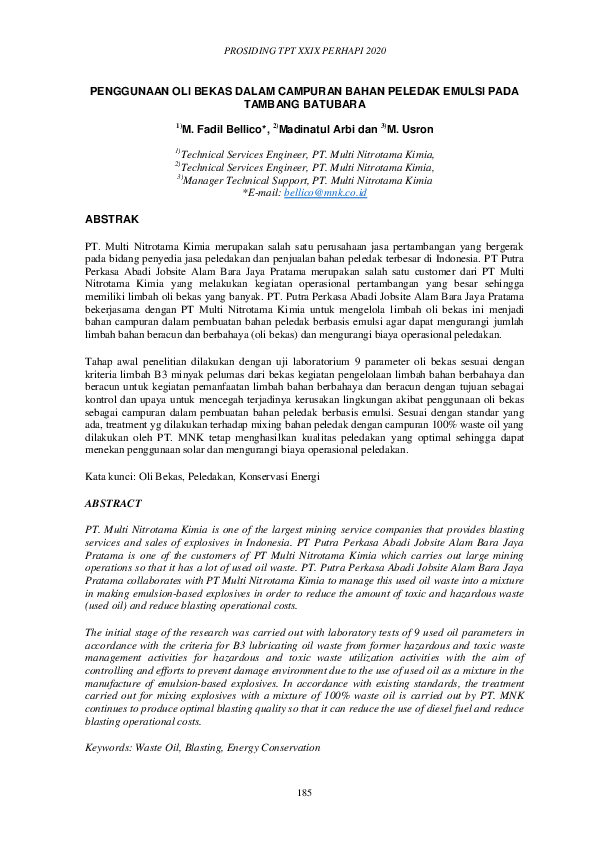(PDF) Penggunaan Oli Bekas Dalam Campuran Bahan Peledak Emulsi Pada ...
