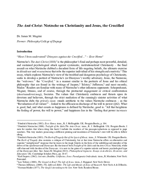 (PDF) The Anti-Christ: Nietzsche on Christianity and Jesus, the Crucified
