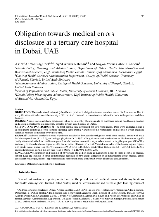 (PDF) Obligation towards medical errors disclosure at a tertiary care ...