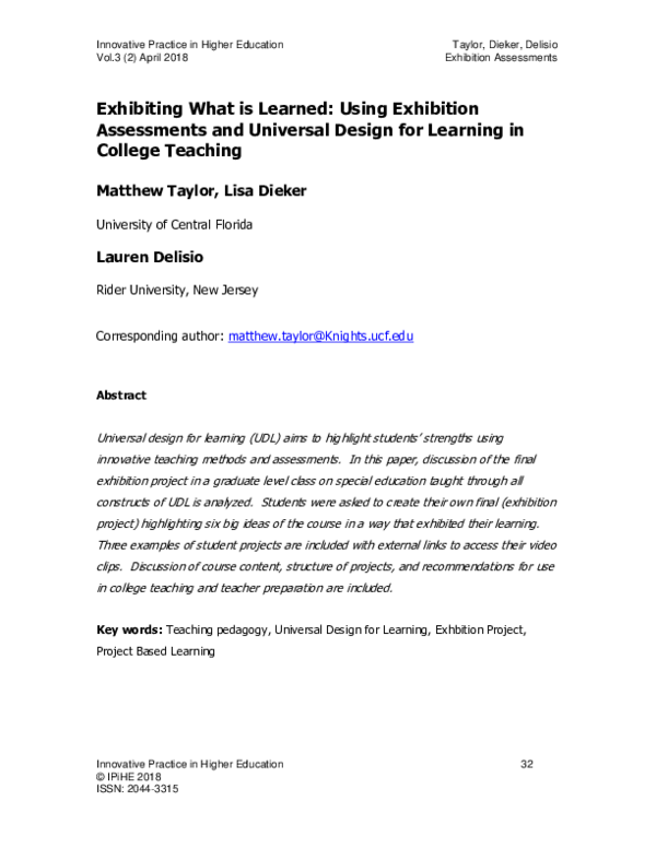 (PDF) Exhibiting What is Learned: Using Exhibition Assessments and Universal Design for Learning ...
