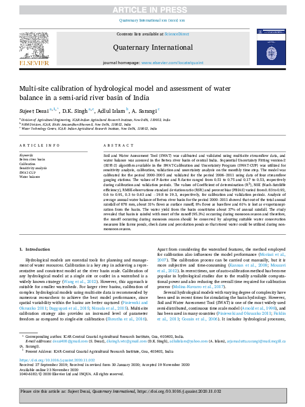 (PDF) Multi-site calibration of hydrological model and assessment of water balance in a semi ...