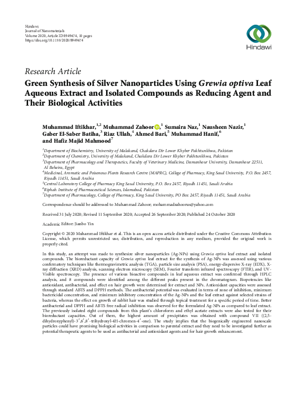 (PDF) Green Synthesis of Silver Nanoparticles Using Grewia optiva Leaf Aqueous Extract and ...