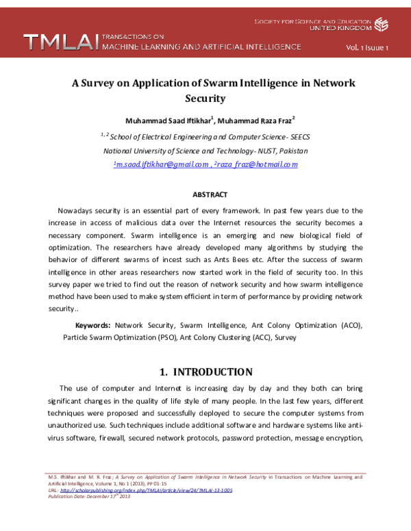 (PDF) A Survey on Application of Swarm Intelligence in Network Security
