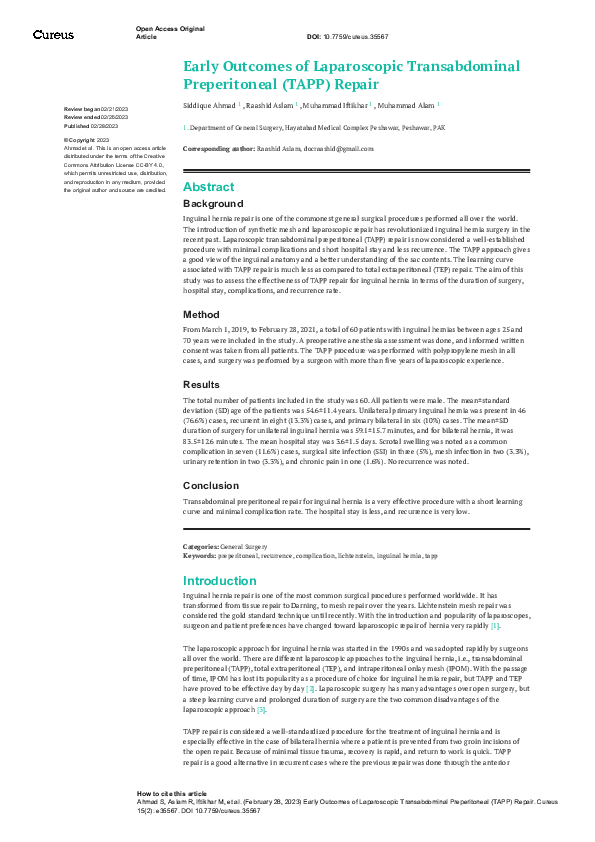 (PDF) Early Outcomes of Laparoscopic Transabdominal Preperitoneal (TAPP) Repair
