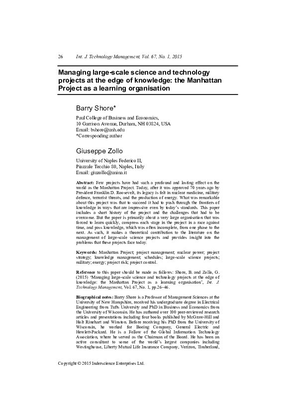 (PDF) Managing large-scale science and technology projects at the edge of knowledge: the ...