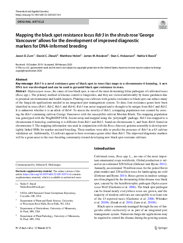 (PDF) Rdr3: A Key Resistance Gene in Roses Mapped
