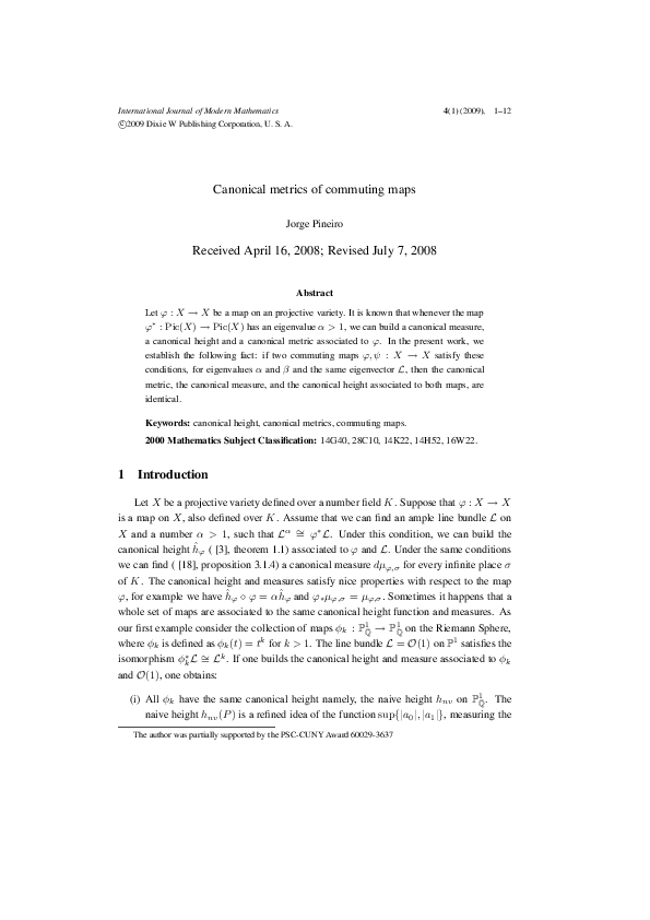 (PDF) Canonical metrics of commuting maps