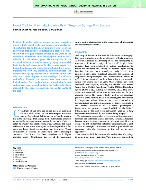 (PDF) Novel Tool for Minimally Invasive Brain Surgery—Syringe Port System