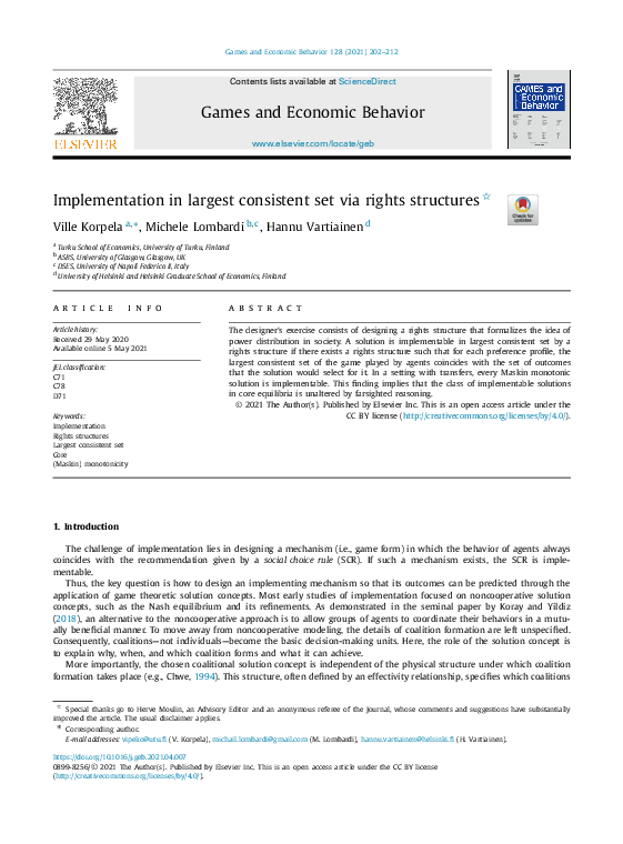 (PDF) Implementation in largest consistent set via rights structures