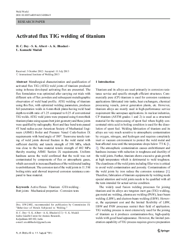 (PDF) Activated flux TIG welding of titanium