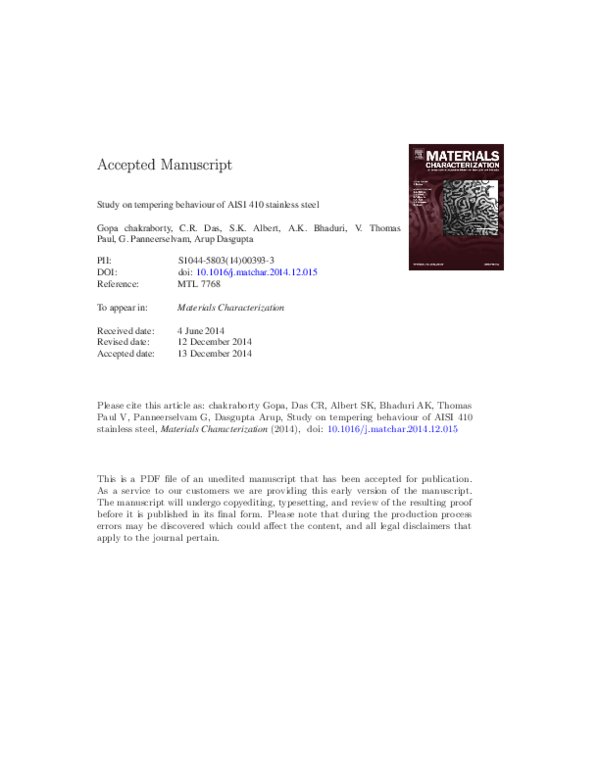 (PDF) Study on tempering behaviour of AISI 410 stainless steel