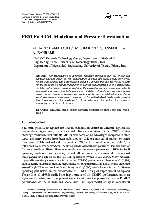 (PDF) PEM Fuel Cell Modeling and Pressure Investigation