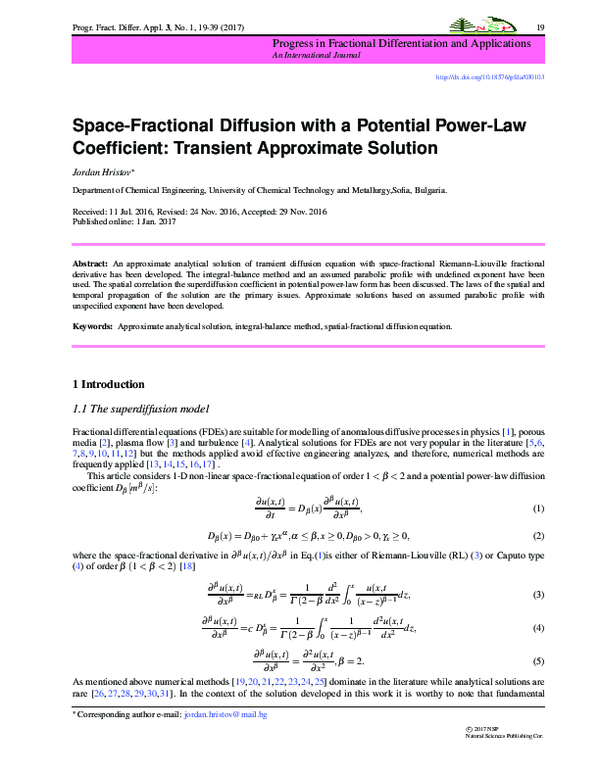 (PDF) Transient Approximate Solution for Space-Fractional Diffusion