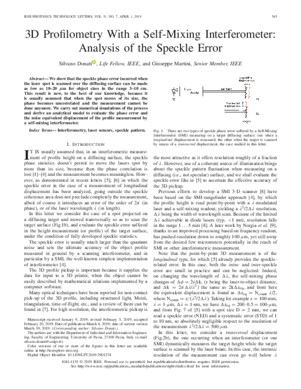 (PDF) 3D Profilometry With a Self-Mixing Interferometer: Analysis of the Speckle Error