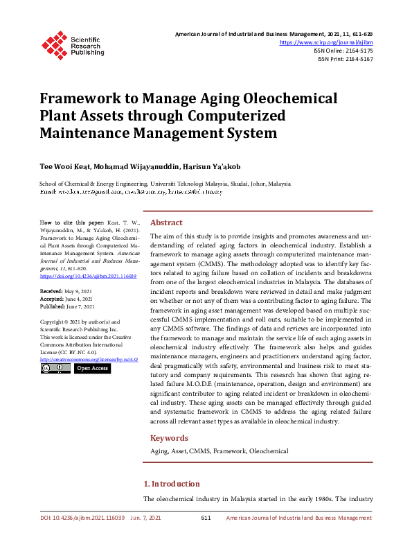 (PDF) Framework to Manage Aging Oleochemical Plant Assets through ...