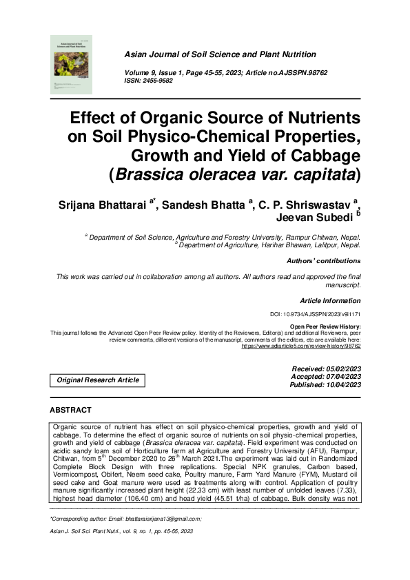 (PDF) Effect of Organic Source of Nutrients on Soil Physico-Chemical Properties, Growth and ...