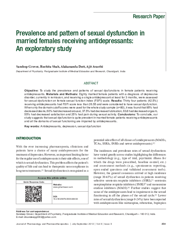 (PDF) Prevalence and pattern of sexual dysfunction in married females receiving antidepressants ...