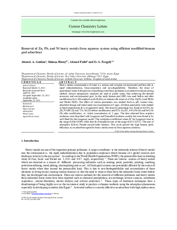 (PDF) Removal of Zn, Pb, and Ni heavy metals from aqueous system using efficient modified-banana ...