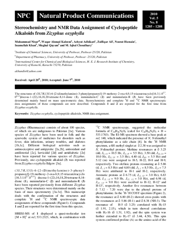 (PDF) Stereochemistry and NMR Data Assignment of Cyclopeptide Alkaloids from Zizyphus Oxyphylla