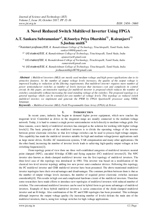 (PDF) A Novel Reduced Switch Multilevel Inverter Using FPGA