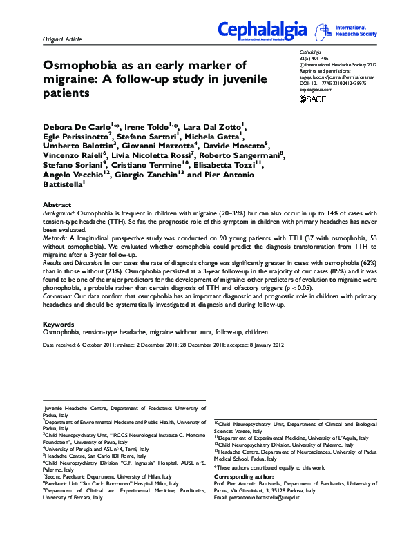 (PDF) Osmophobia as an early marker of migraine: A follow-up study in ...
