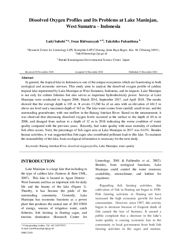 (PDF) Dissolved Oxygen Profiles and Its Problems at Lake Maninjau, West ...