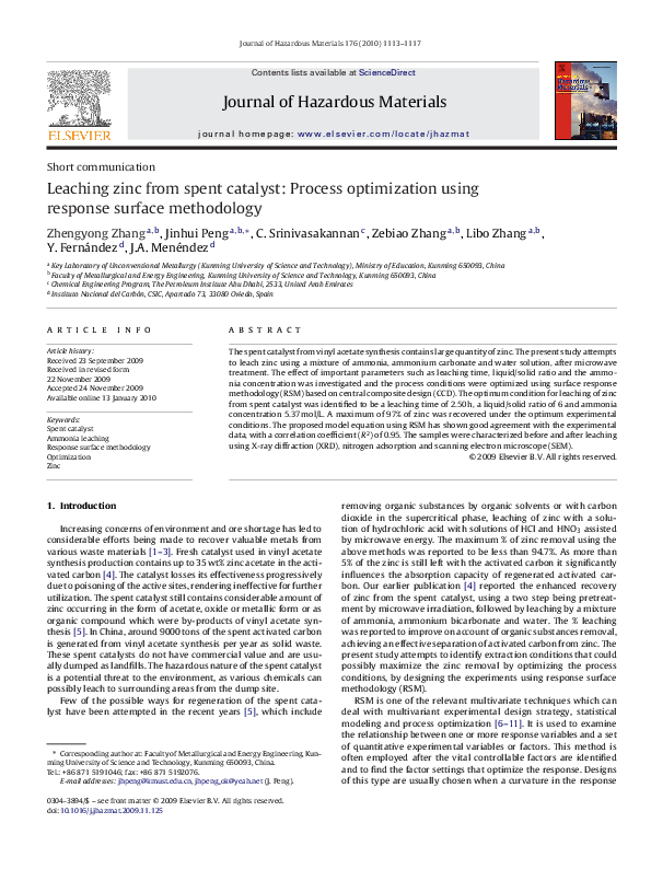 (PDF) Leaching zinc from spent catalyst: Process optimization using response surface methodology