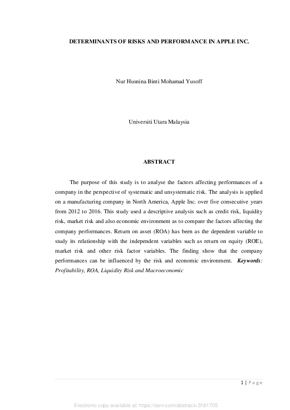 (PDF) Determinants of Risks and Performance in Apple Inc