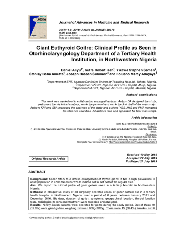 (PDF) Giant Euthyroid Goitre: Clinical Profile as Seen in ...