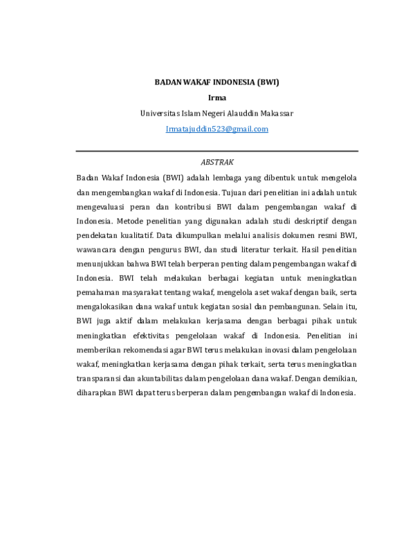 (PDF) BADAN WAKAF INDONESIA (BWI) Irma