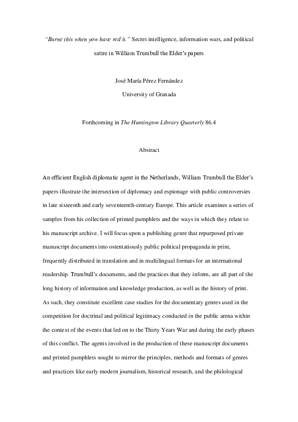 (PDF) "Burne this when yow have red it." Secret intelligence ...