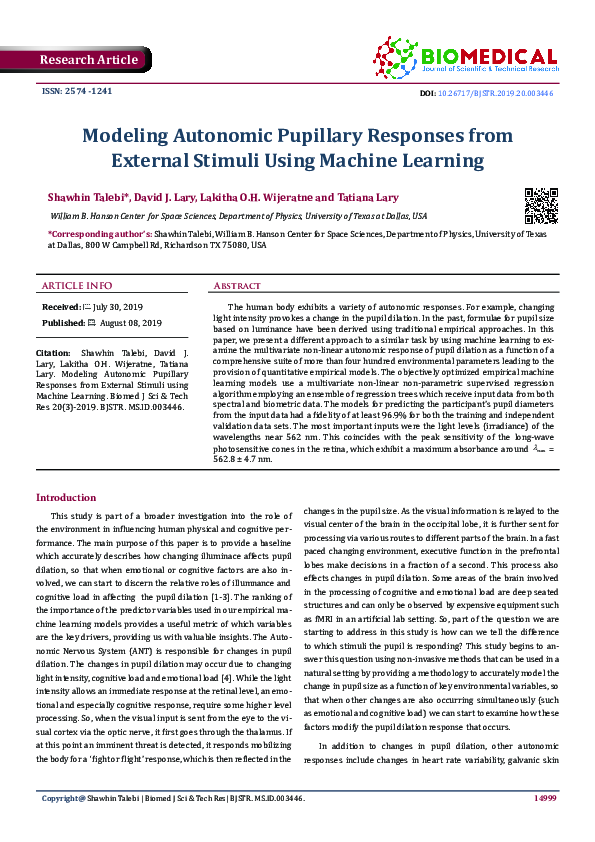 (PDF) Modeling Autonomic Pupillary Responses from External Stimuli using Machine Learning ...