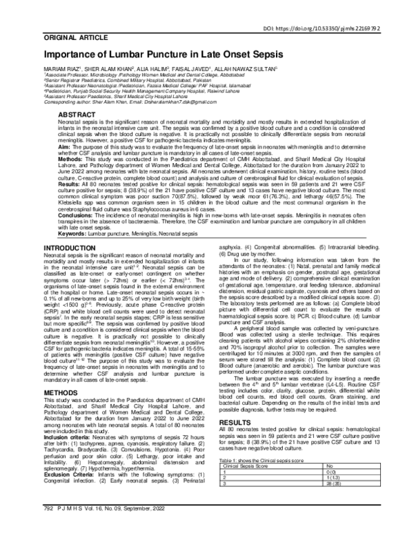 (PDF) Importance of Lumbar Puncture in Late Onset Sepsis
