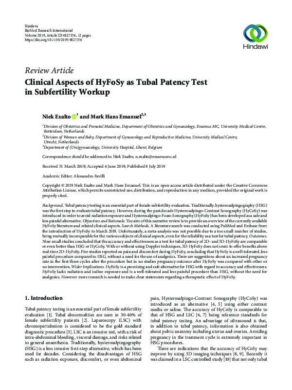 (PDF) Clinical Aspects of HyFoSy as Tubal Patency Test in Subfertility ...