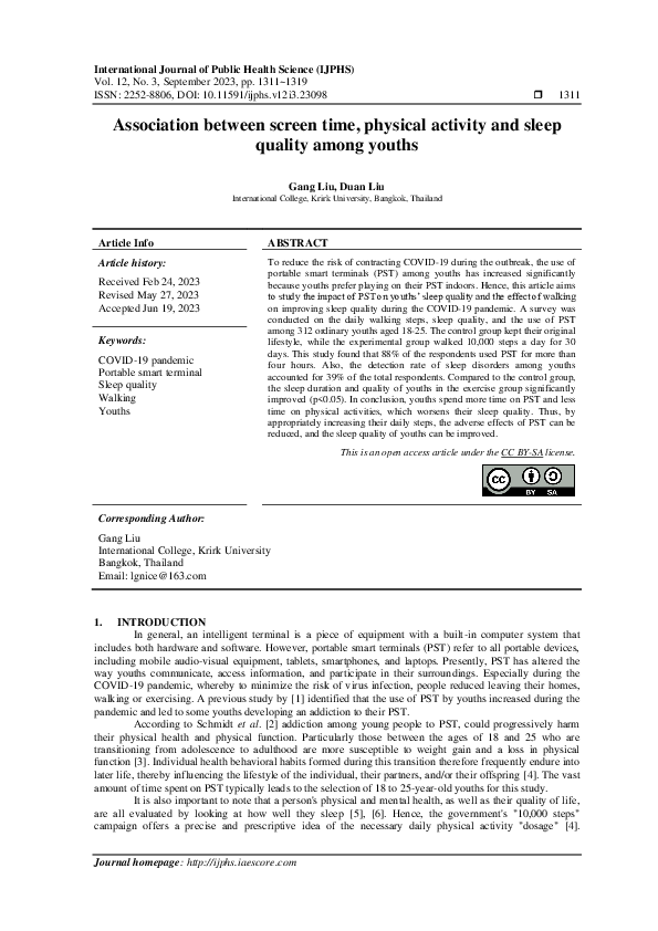 Pdf Association Between Screen Time Physical Activity And Sleep Quality Among Youths