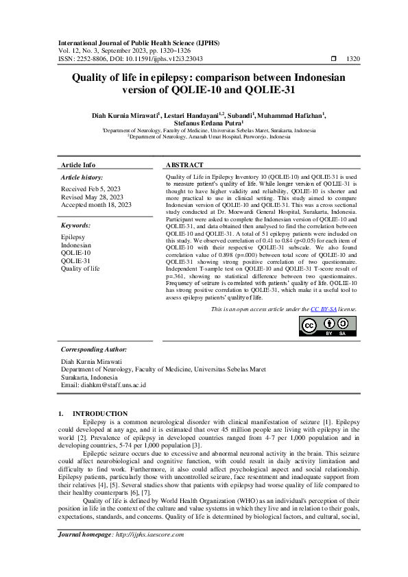 (PDF) Quality of life in epilepsy: comparison between Indonesian version of QOLIE-10 and QOLIE-31