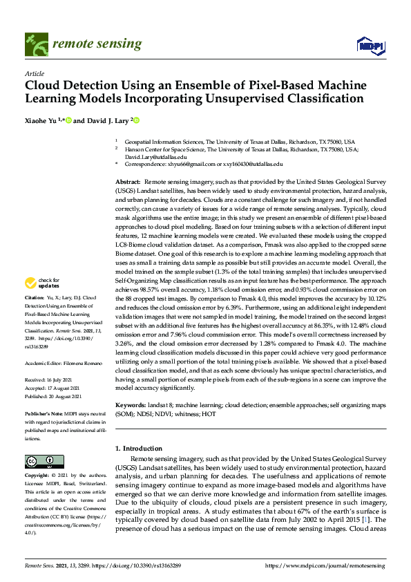 (PDF) Cloud Detection Using an Ensemble of Pixel-Based Machine Learning Models Incorporating ...
