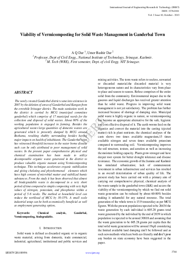 (PDF) Viability of Vermicomposting for Solid Waste Management in ...