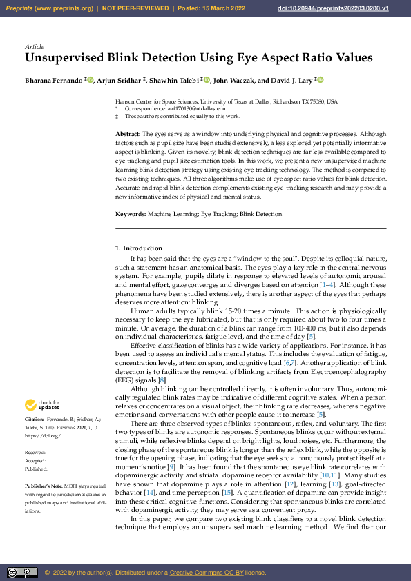 (PDF) Unsupervised Blink Detection Using Eye Aspect Ratio Values