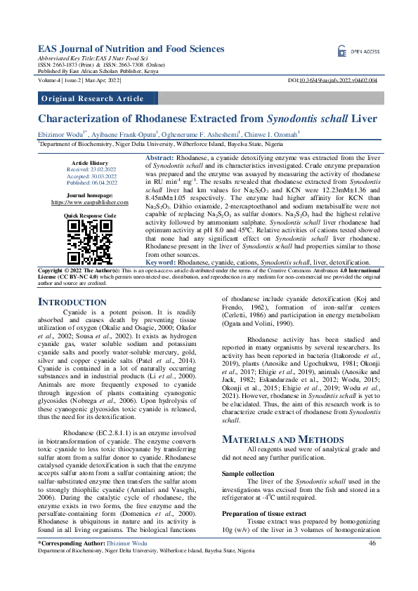 (PDF) Characterization of Rhodanese Extracted from Synodontis schall Liver
