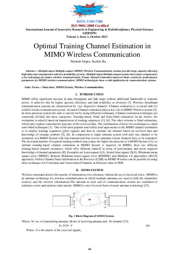 (PDF) Optimal Training Channel Estimation in MIMO Wireless Communication