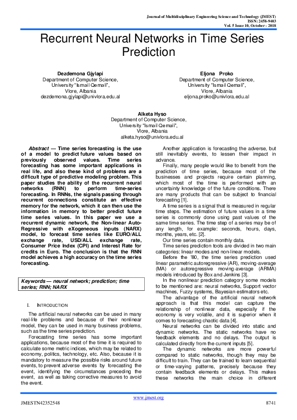 Pdf Recurrent Neural Networks In Time Series Prediction