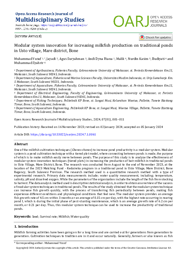 (PDF) Modular system innovation for increasing milkfish production on traditional ponds in Usto ...