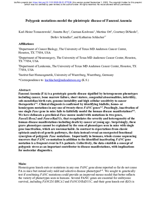 (PDF) Polygenic mutations model the pleiotropic disease of Fanconi Anemia