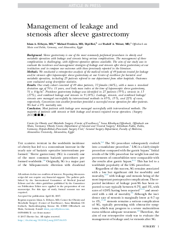 (PDF) Management of leakage and stenosis after sleeve gastrectomy