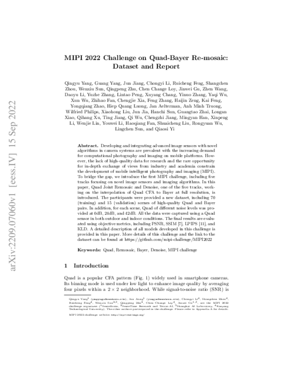 (PDF) MIPI 2022 Challenge on Quad-Bayer Re-mosaic: Dataset and Report