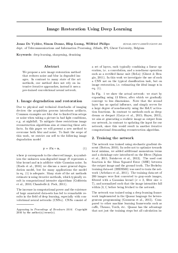 (PDF) Image restoration using deep learning